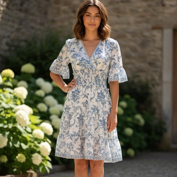 Max Studio | Dresses | Max Studio Blue Floral Smocked Waist Puff Sleeve ...